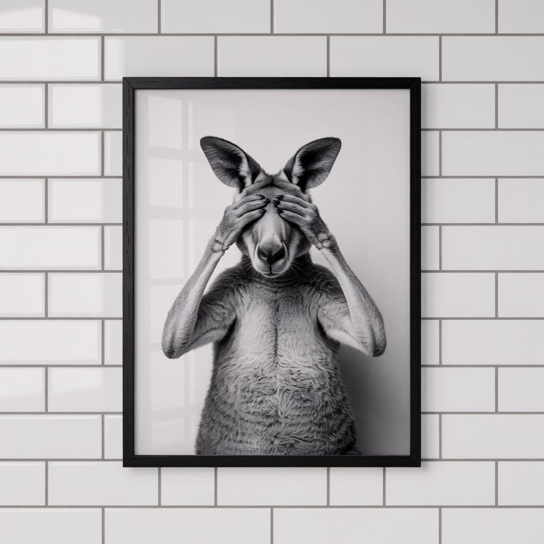 Funny Kangaroo Bathroom Wall Art - Black and White Animal Humor Print ...