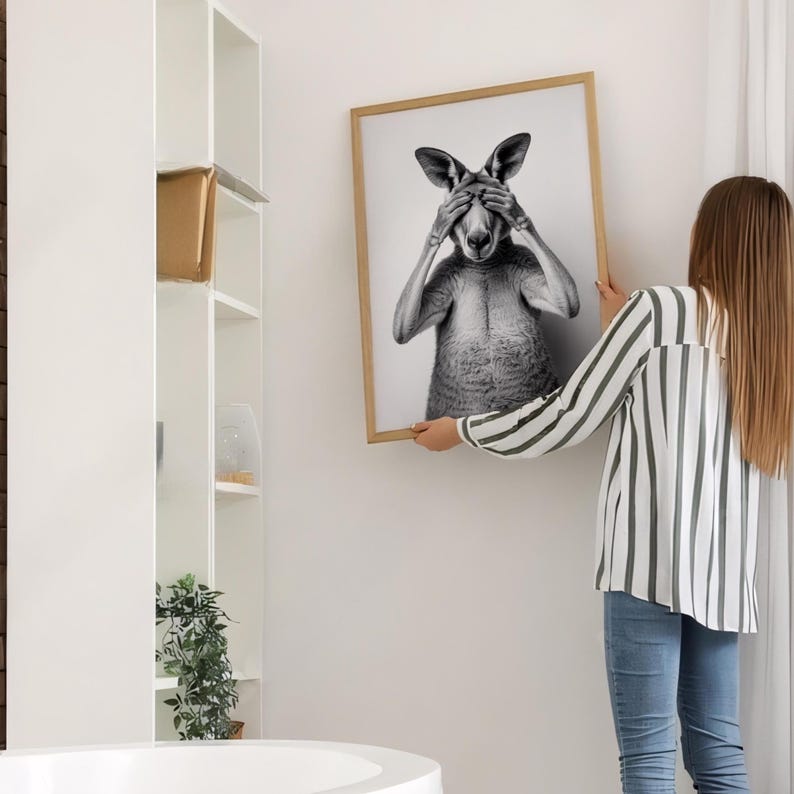 Funny Kangaroo Bathroom Wall Art - Black and White Animal Humor Print ...