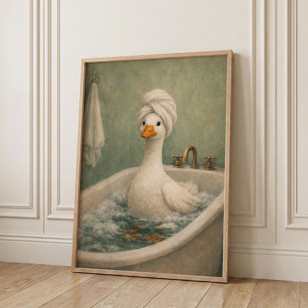 Duck Bathroom Wall Art Print, Funny Duck in Bathtub Poster, Vintage ...