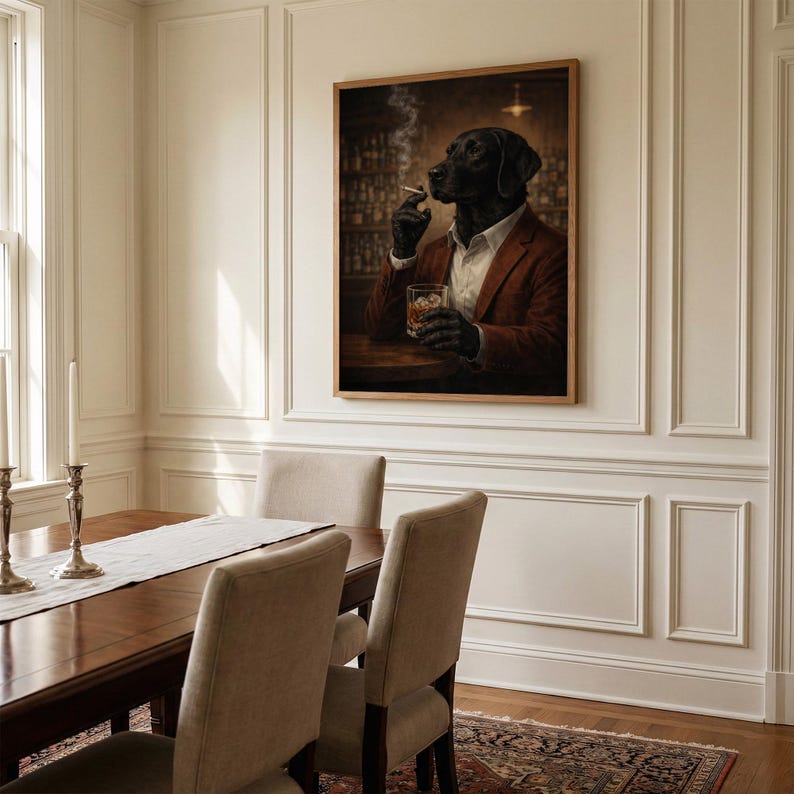 Smoking Dog Poster - Retro Whiskey Bar Wall Art, Funny Black Dog Print ...
