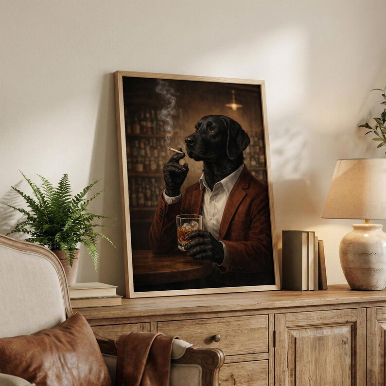 Smoking Dog Poster - Retro Whiskey Bar Wall Art, Funny Black Dog Print ...