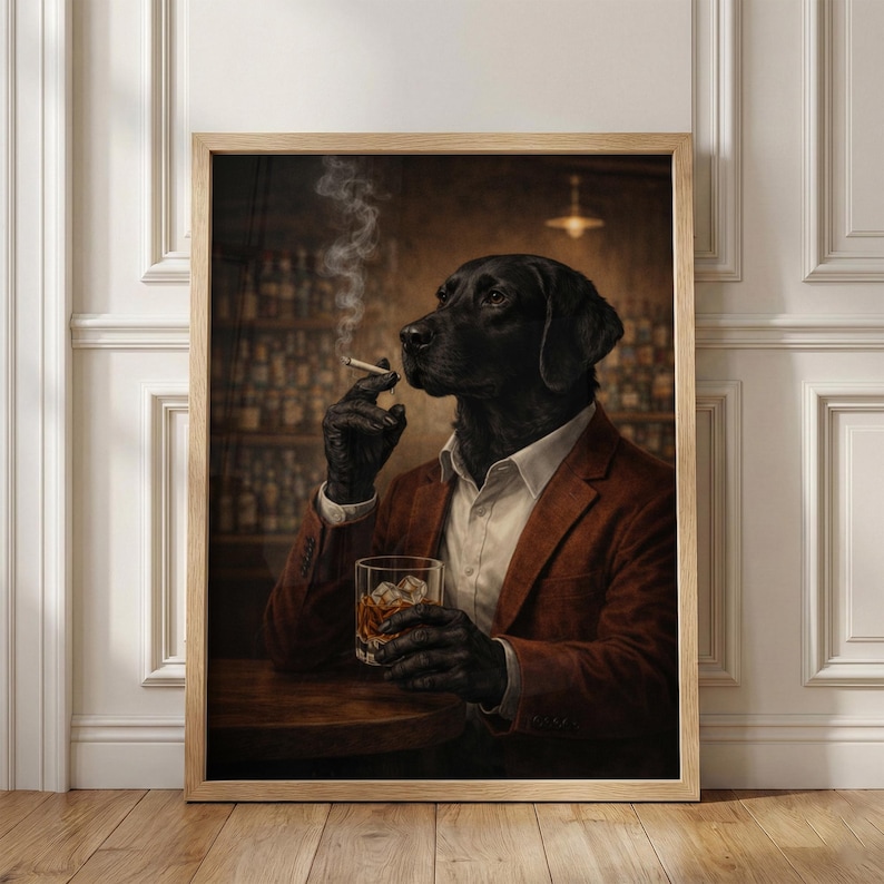 Smoking Dog Poster - Retro Whiskey Bar Wall Art, Funny Black Dog Print ...