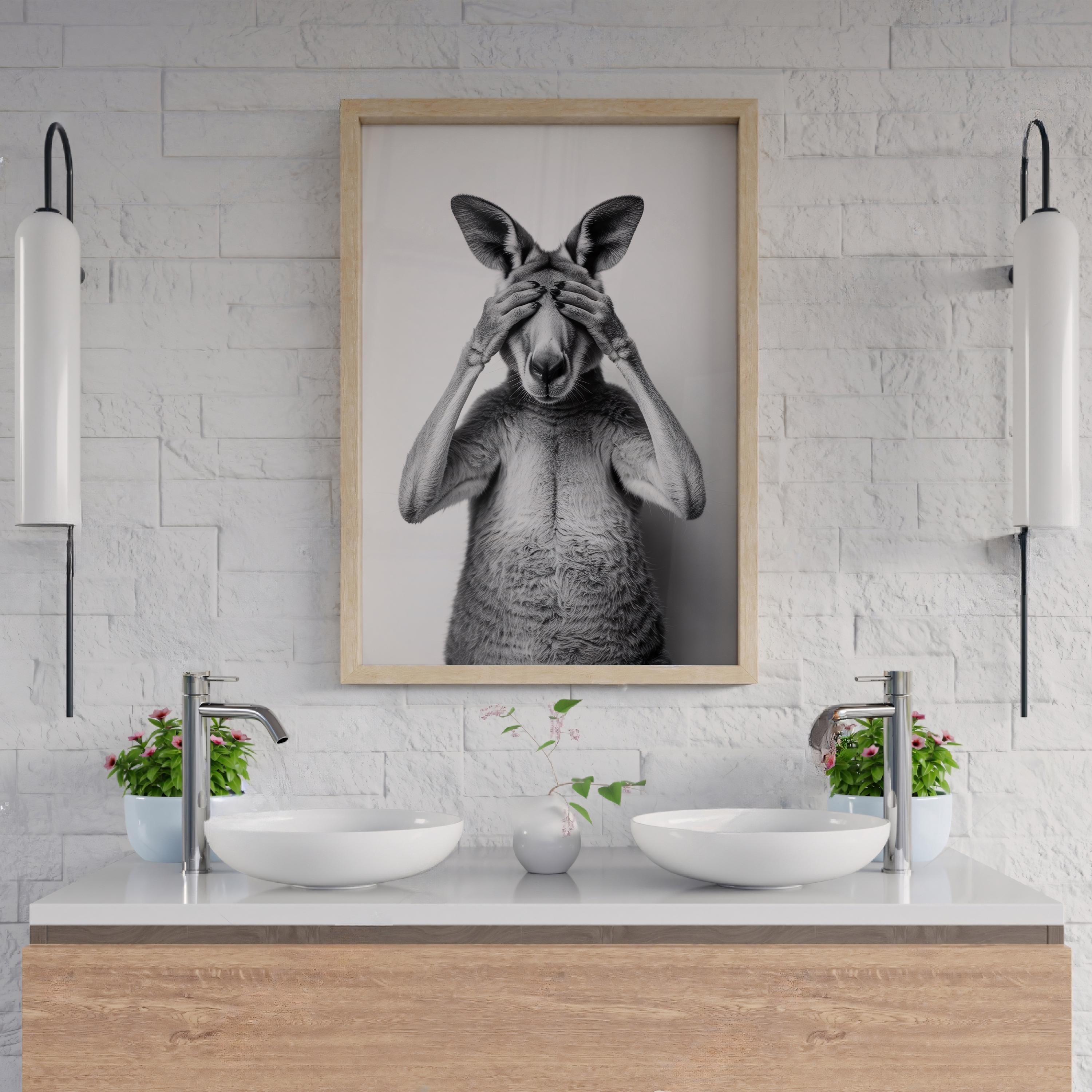 Funny Kangaroo Bathroom Wall Art - Black and White Animal Humor Print ...