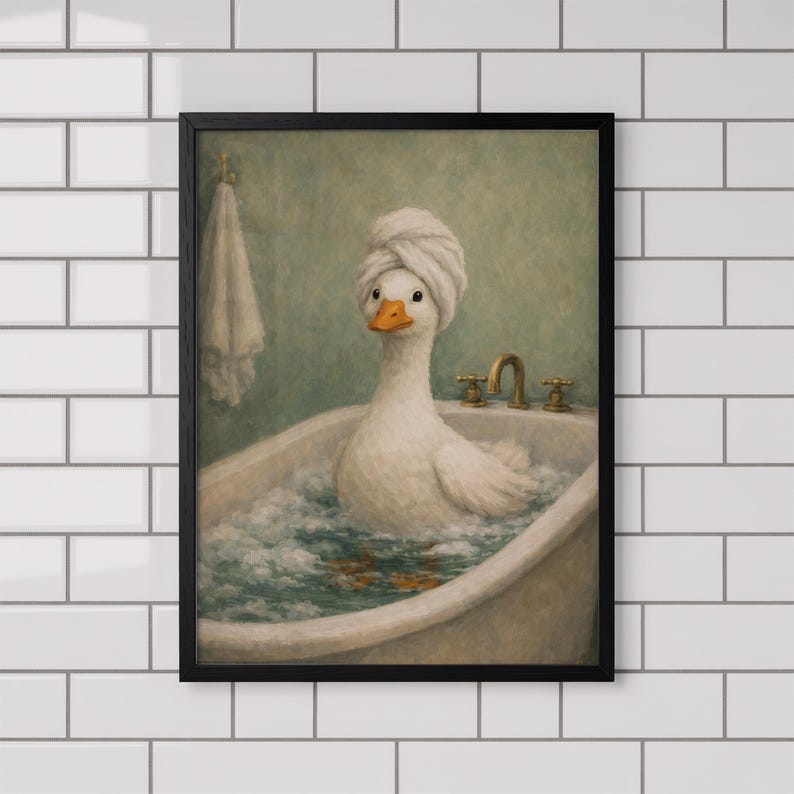 Duck Bathroom Wall Art Print, Funny Duck in Bathtub Poster, Vintage ...