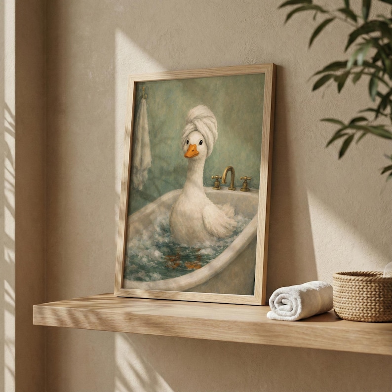 Duck Bathroom Wall Art Print, Funny Duck in Bathtub Poster, Vintage ...