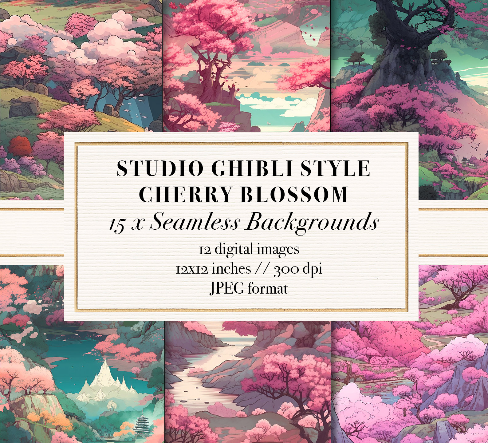 Studio Ghibli Style Cherry Blossom Landscape Seamless Pattern ...