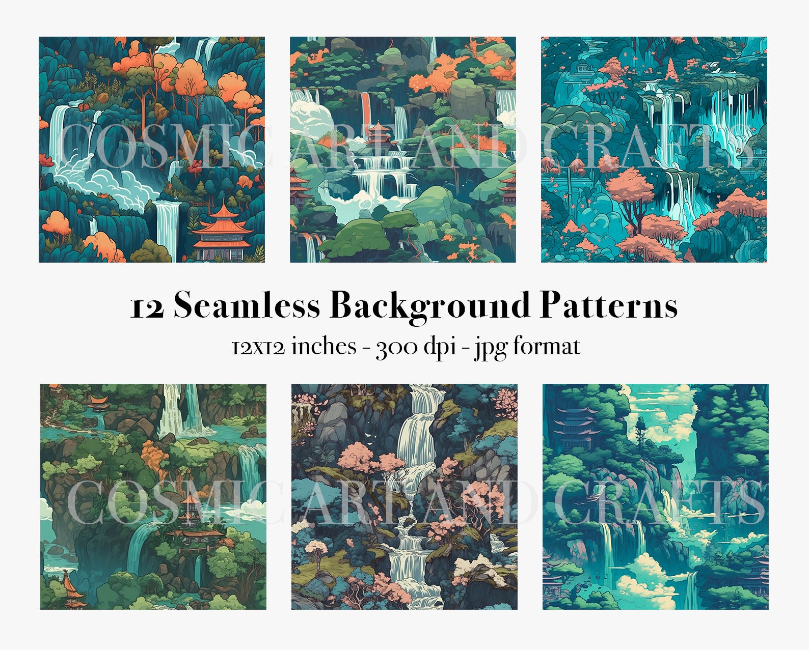 Studio Ghibli Style Seamless Background Patterns, Waterfall, Printable ...