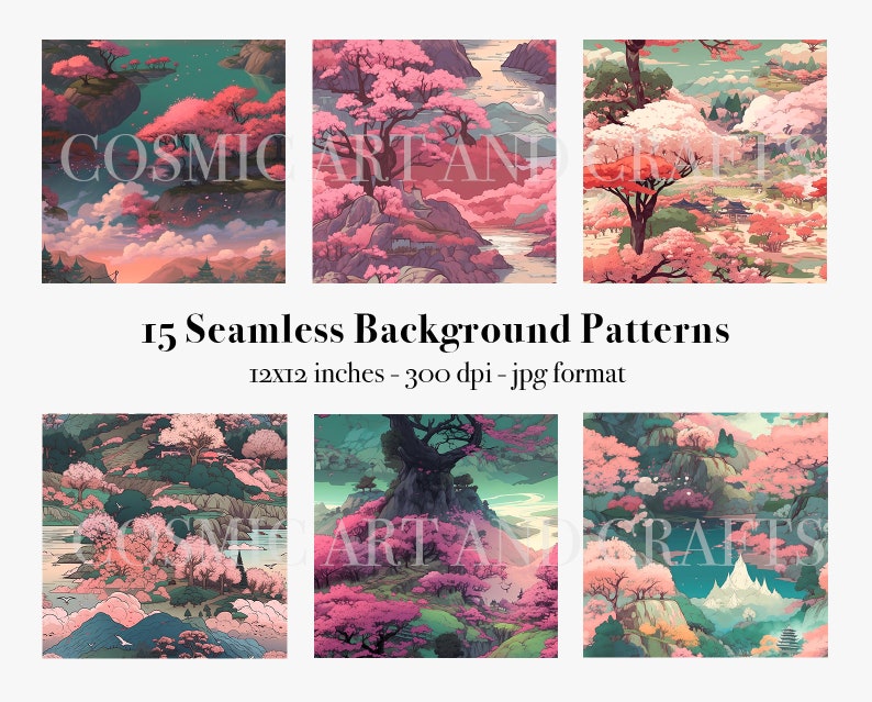 Studio Ghibli Style Cherry Blossom Landscape Seamless Pattern ...
