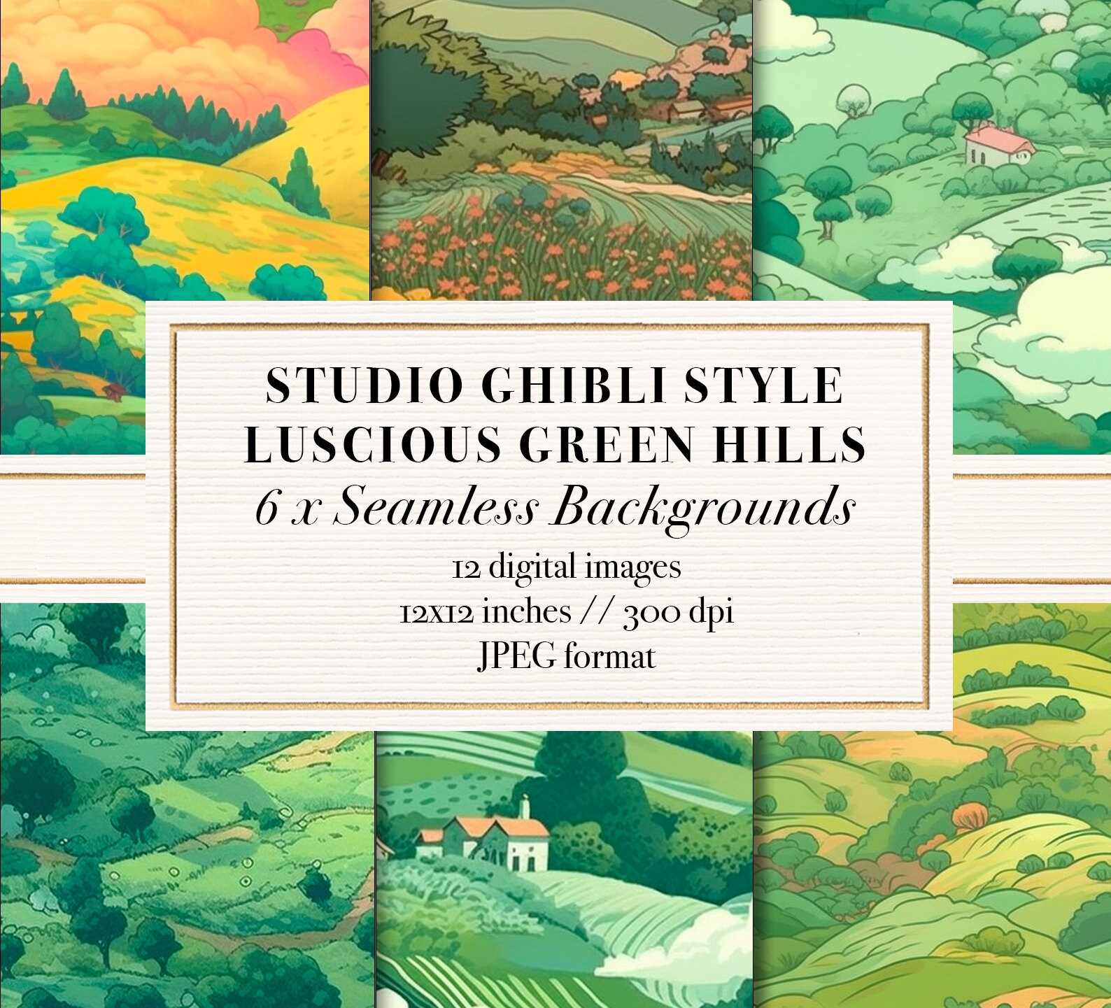 Studio Ghibli Style Luscious Green Dreamy Fields, Seamless Background ...