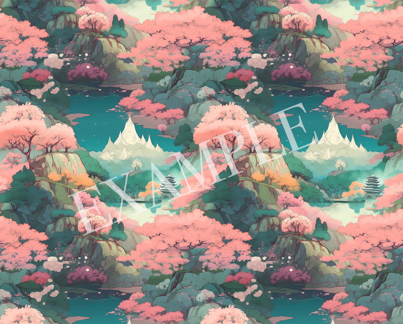 Studio Ghibli Style Cherry Blossom Landscape Seamless Pattern ...