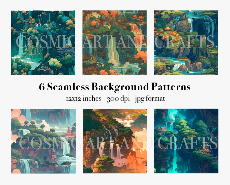 Studio Ghibli Style Waterfalls, Seamless Background Patterns, Printable Digital Paper, Scrapbook ...