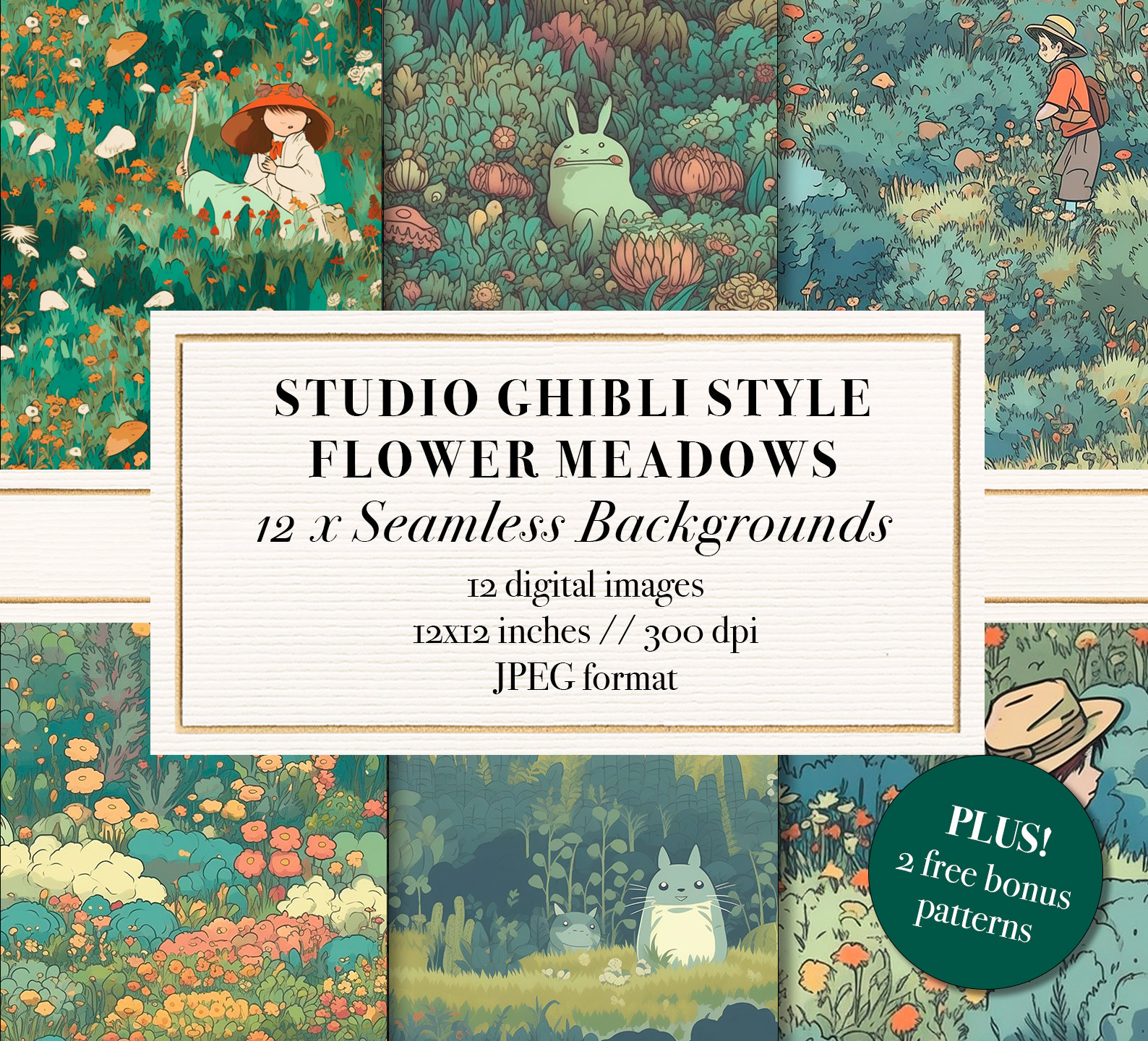 Studio Ghibli Style Seamless Background Patterns, Flower Meadow ...