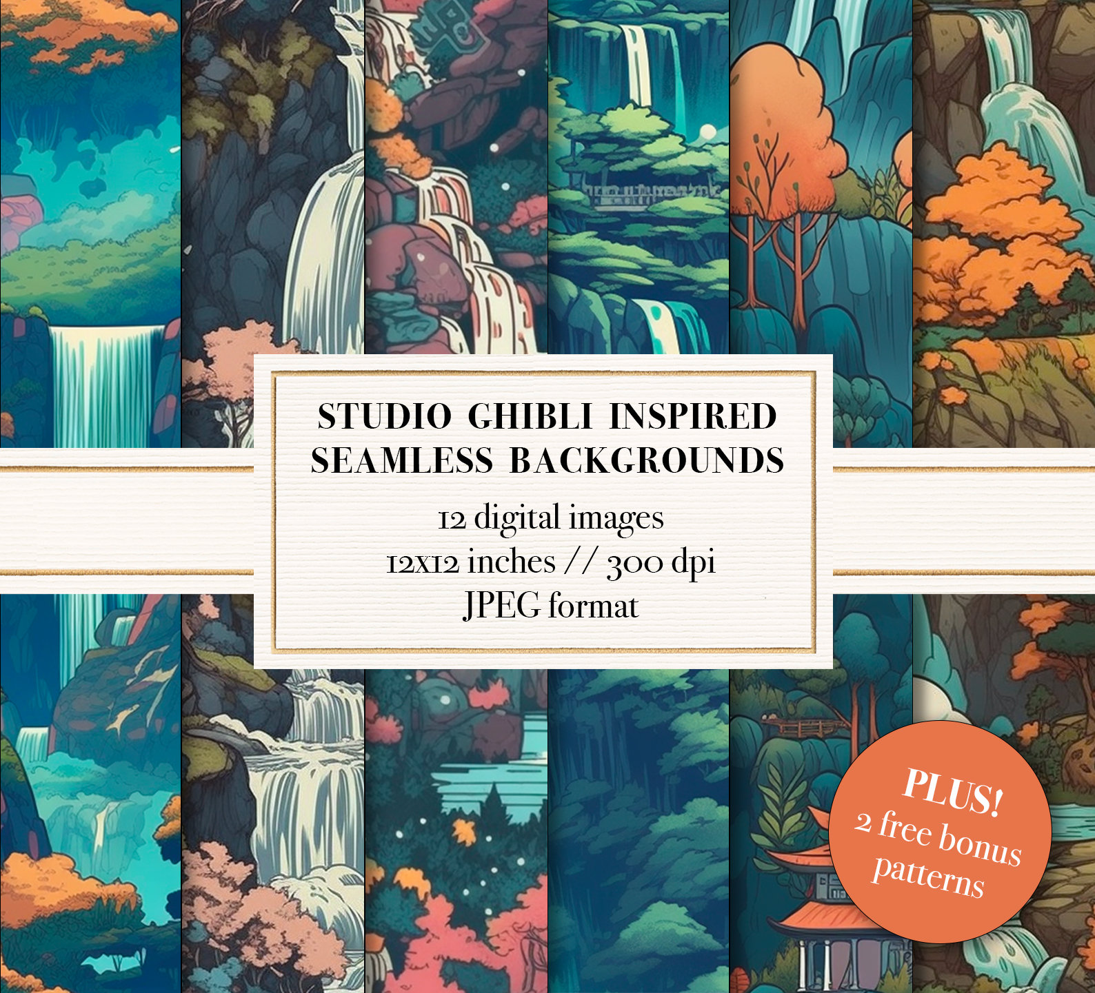 Studio Ghibli Style Seamless Background Patterns, Waterfall, Printable ...