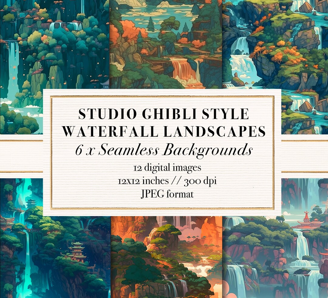 Studio Ghibli Style Waterfalls, Seamless Background Patterns, Printable Digital Paper, Scrapbook ...
