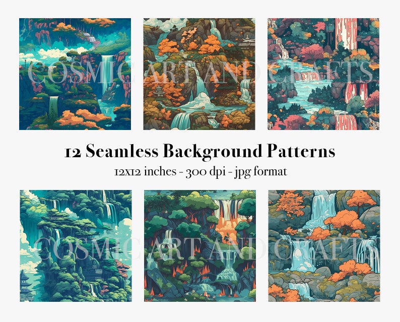 Studio Ghibli Style Seamless Background Patterns, Waterfall, Printable ...