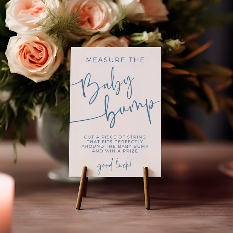 Measure the Baby Bump Baby Shower Game Printable Sign, Blue Baby Bump ...