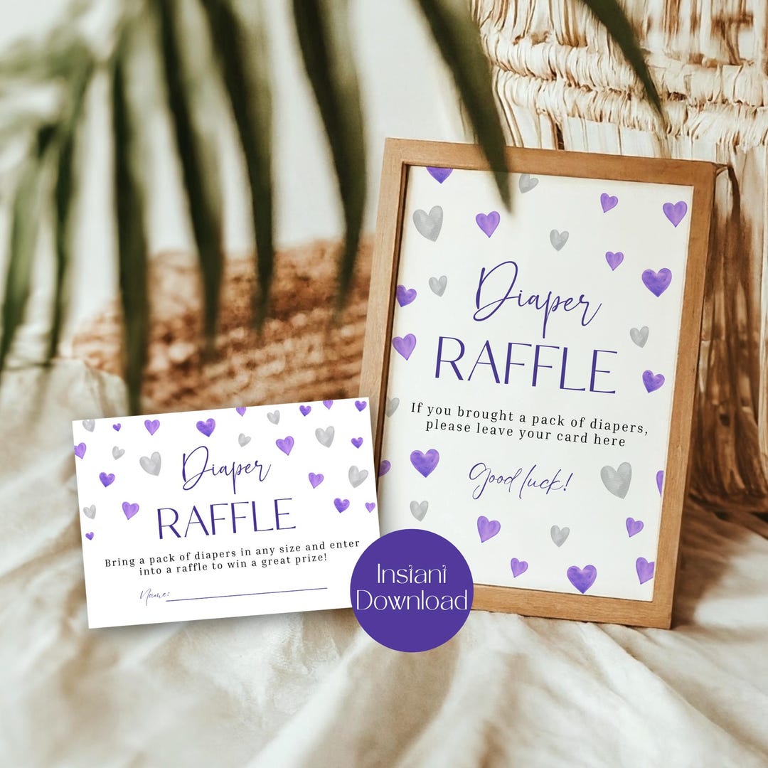Letrero y boleto de rifa para baby shower de pañales morados Little ...