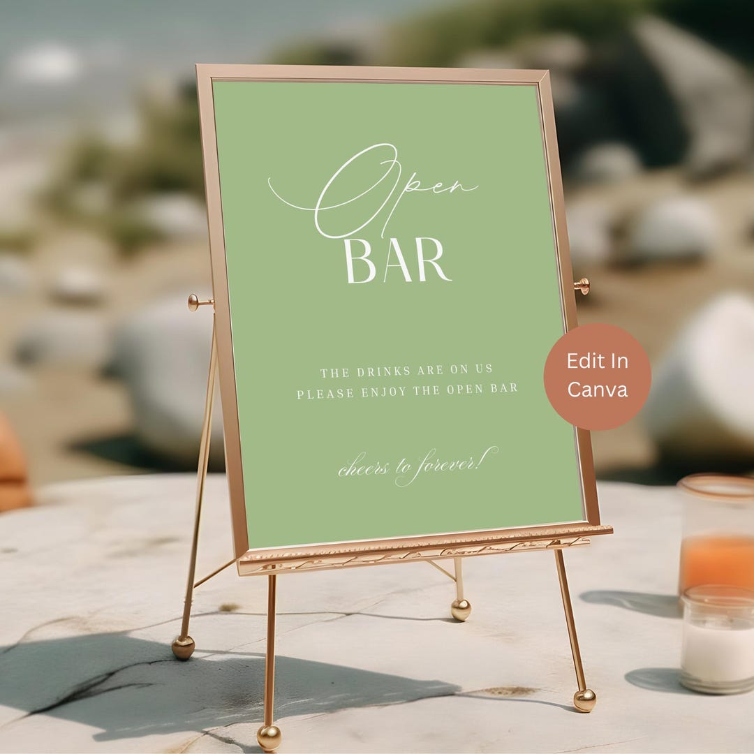 Minimal Open Bar Wedding Sign Print, Sage Wedding Bar Sign, Custom Sign ...