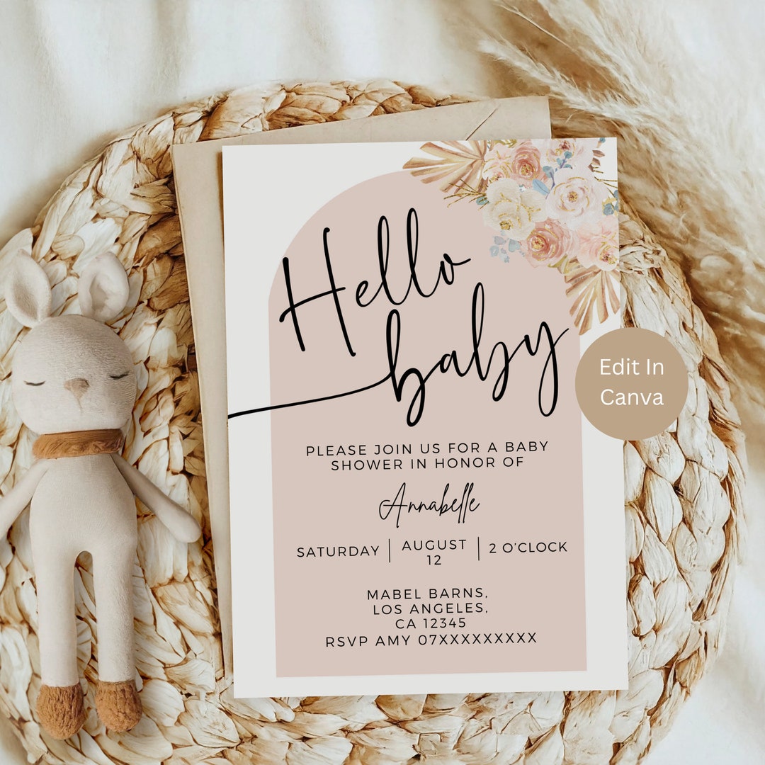 Boho Baby Shower Invitation, Hello Baby, Gender Neutral, Pampas Grass ...