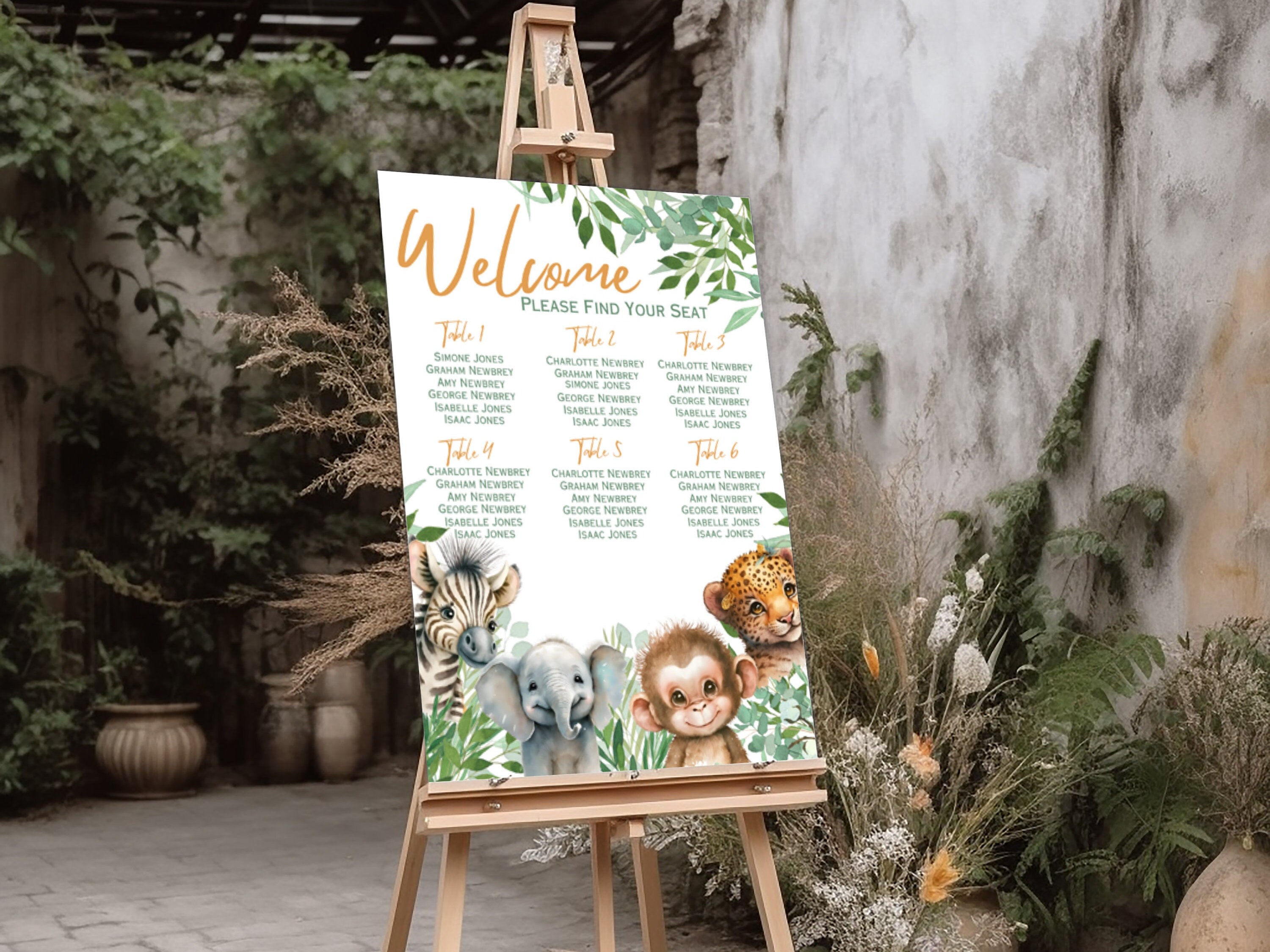 Safari Baby Animals Editable Baby Shower Seating Chart, A2 Personalised ...