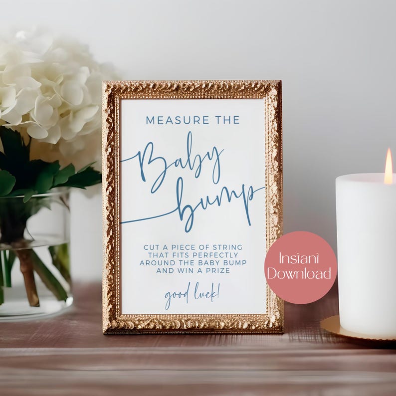Measure the Baby Bump Baby Shower Game Printable Sign, Blue Baby Bump ...
