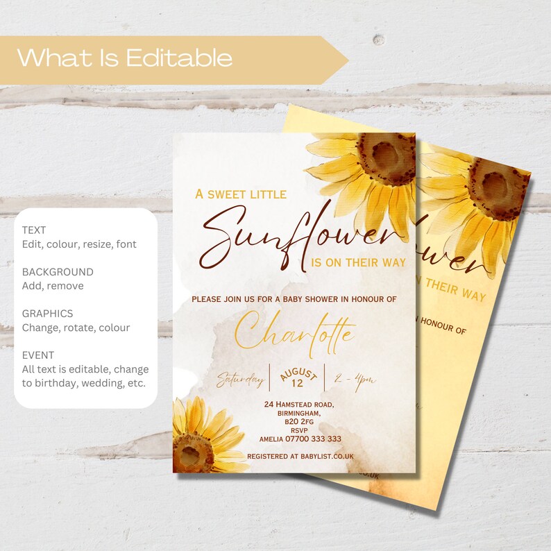 Sunflower Editable Baby Shower Invitation, Flowers, Gender Neutral ...