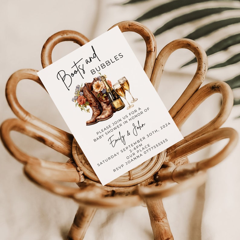 Boots and Bubbles Baby Shower Invitation, Western Baby Shower, Poppin Bottles, Cowboy Boots ...