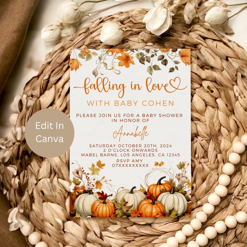 Fall in Love Baby Shower Invitation, Pumpkin Baby Shower Invite, Editable Template, Fall Floral ...