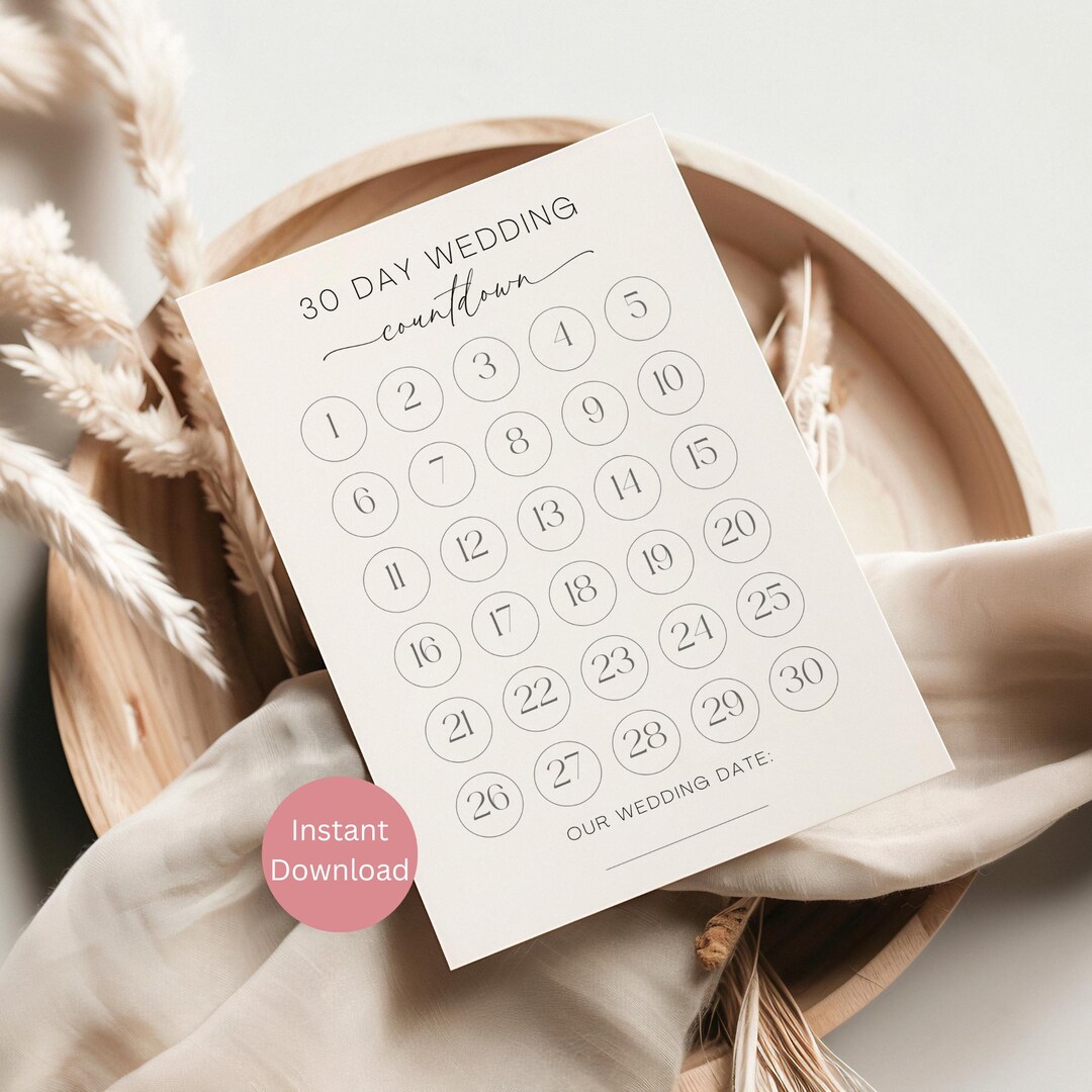 Printable Wedding Countdown, 30 Day Countdown Tracker, Instant Download ...