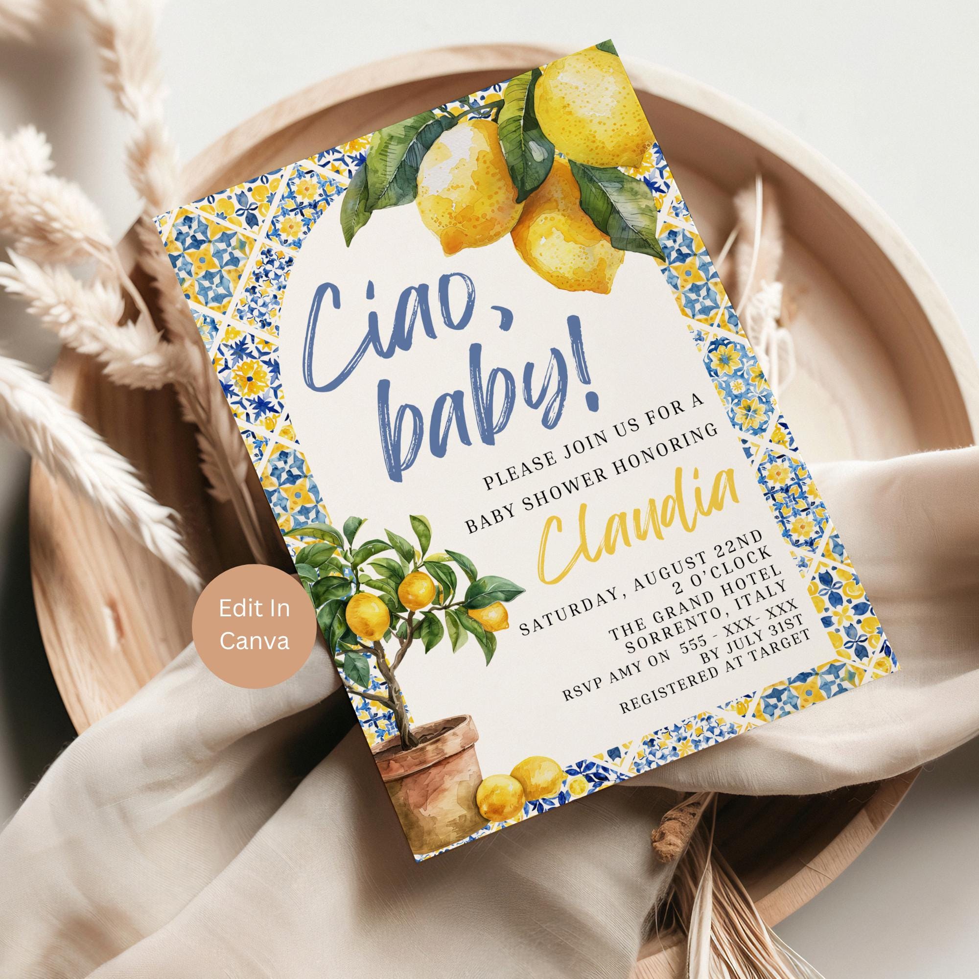 Ciao Baby Shower Invite, Editable Italian Themed Invitation, Lemon Baby ...