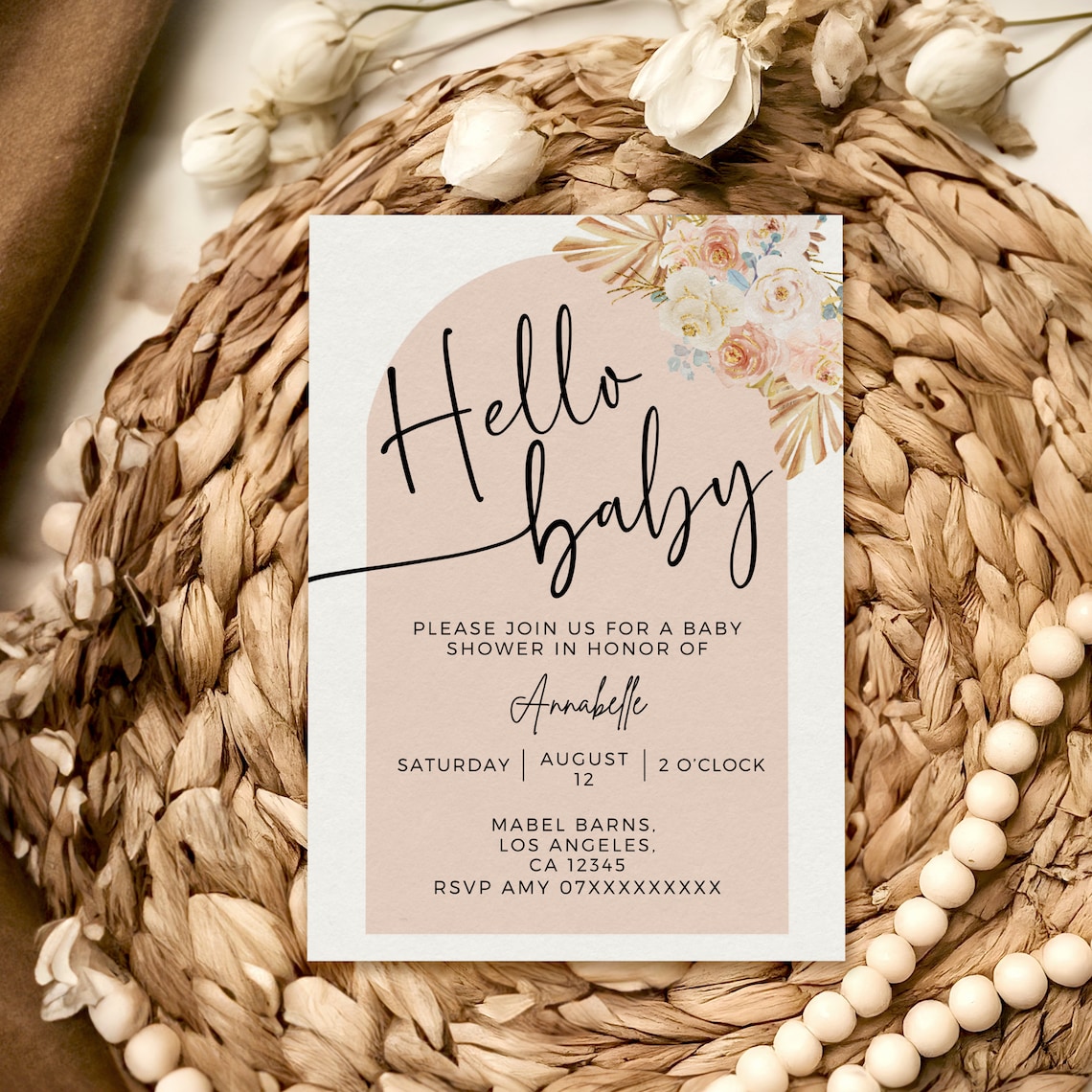 Boho Baby Shower Invitation, Hello Baby, Gender Neutral, Pampas Grass ...