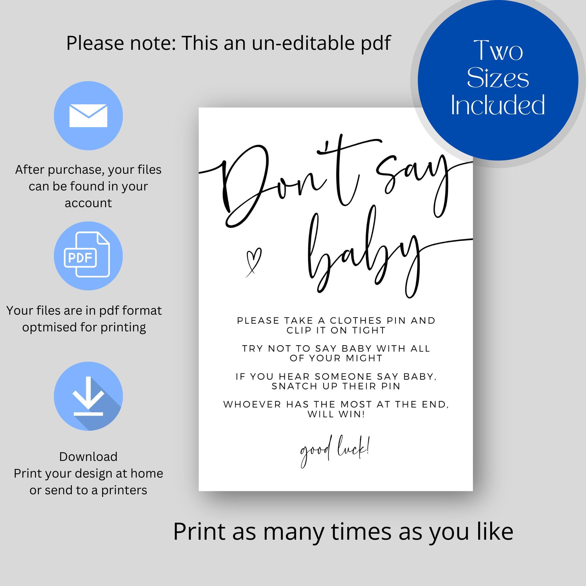 Dont Say Baby Sign Game Printable, Baby Shower Game Sign, Instant ...