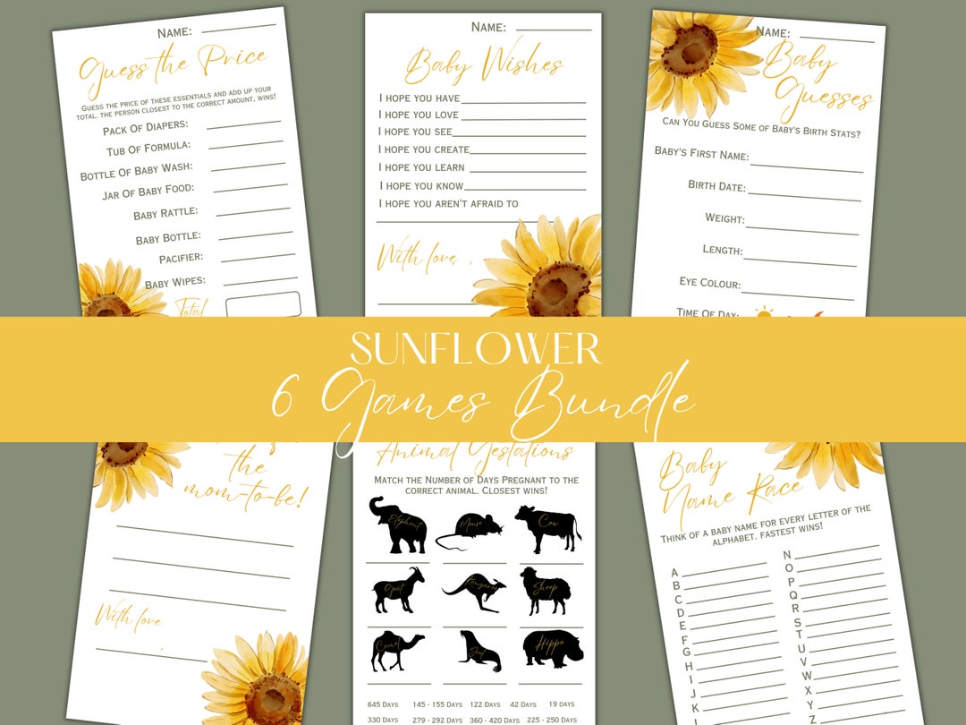 Sunflower Baby Shower Games Bundle, Sun Theme Editable Games Bundle ...