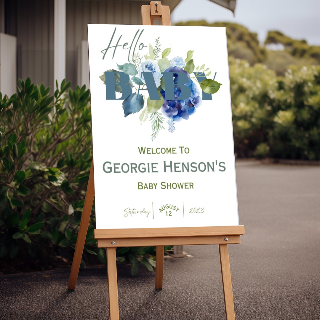 Blue Hydrangea Hello Baby Floral Editable Baby Shower A2 Welcome Sign ...