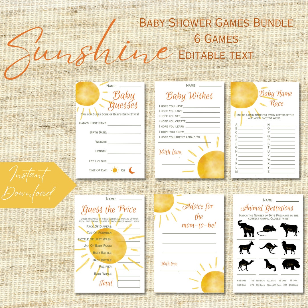 Sunshine Baby Shower Games Bundle, Sun Theme Editable Games Bundle ...