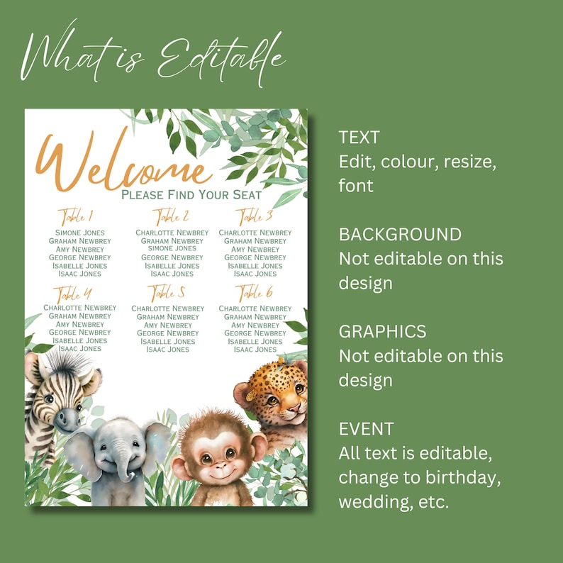 Safari Baby Animals Editable Baby Shower Seating Chart, A2 Personalised ...