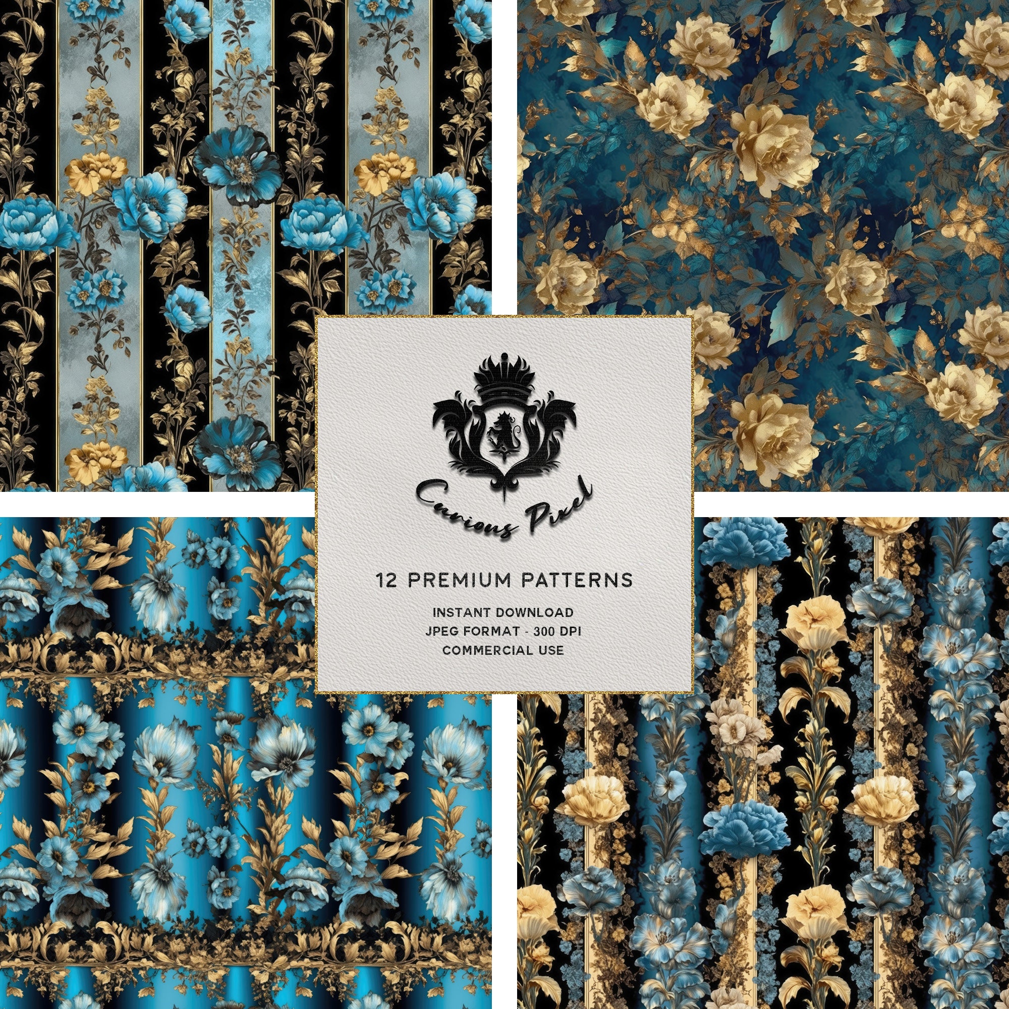 Ornate Blue Shabby Chic Wallpaper Digital Paper Pattern Seamless ...