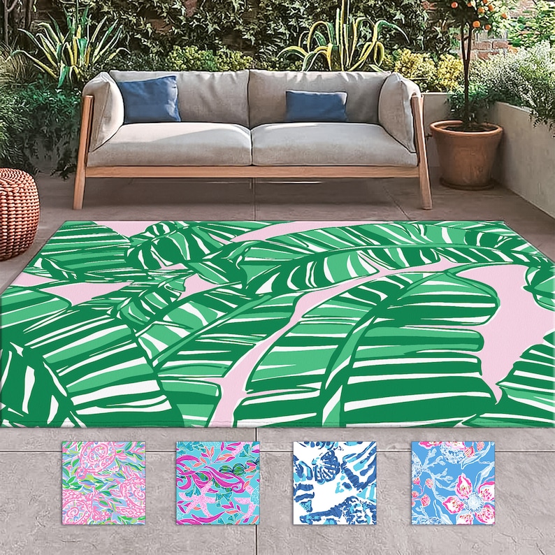Pink Green Lilly Palm Leaf Outdoor Rug Waterproof Area Rug Patio Carpet ...