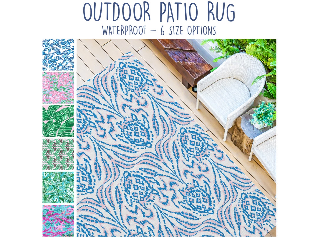 Blue White Outdoor Area Rug Waterproof Pink Sea Turtles Shells Carpet ...