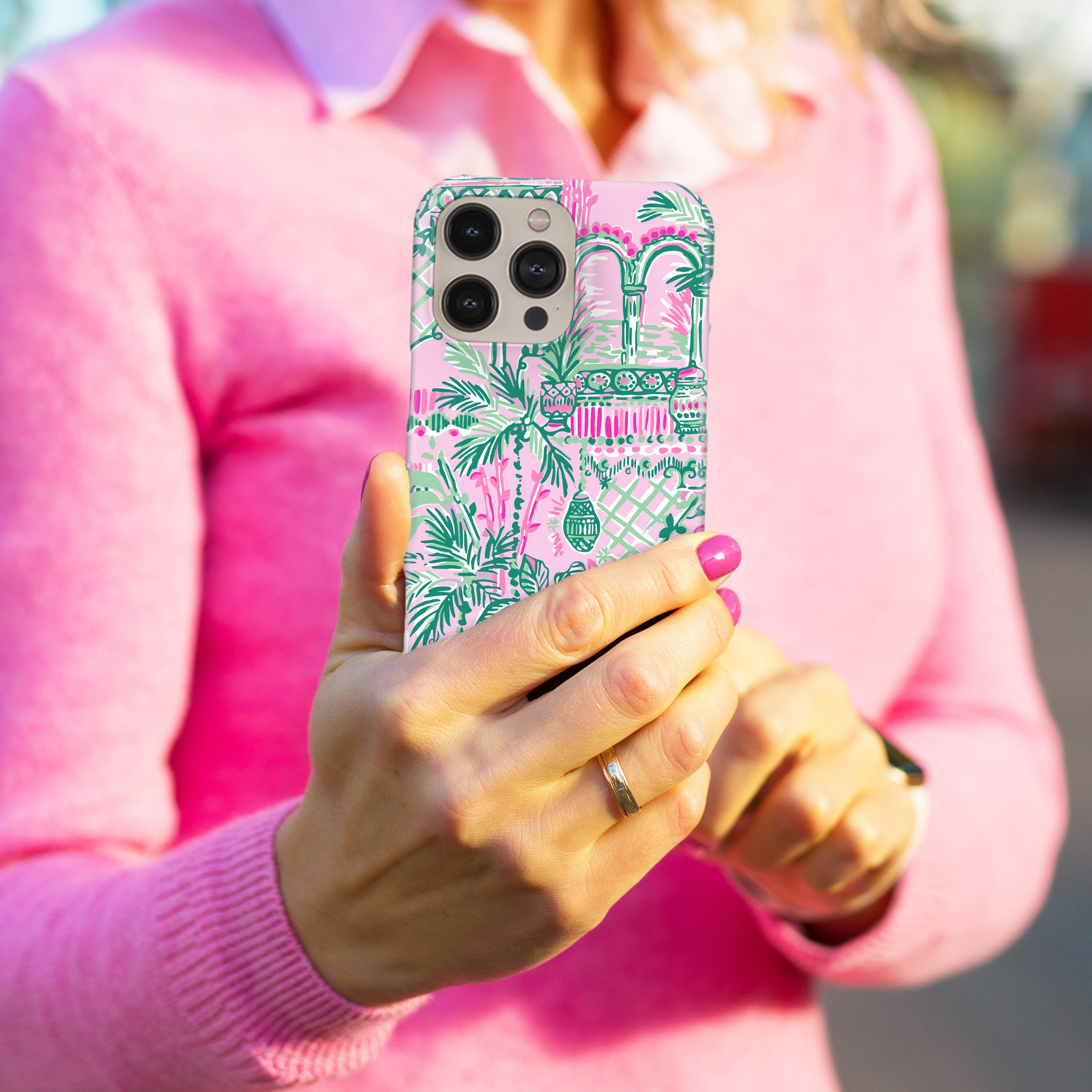 Preppy iPhone 15 Case Pink Green Tropical Palm Trees and Arches Fashion ...