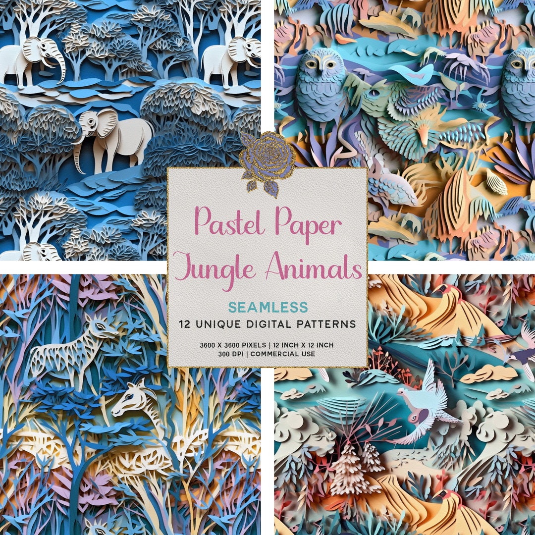 Jungle Animals Layered Paper Art Seamless Digital Paper Texture Pattern ...