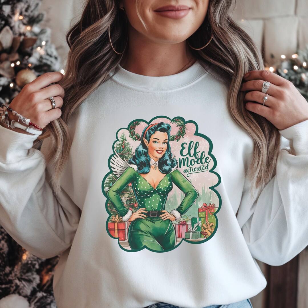 Elf Mode Activated Christmas PNG | Retro Vintage Pin-up Holiday Art ...