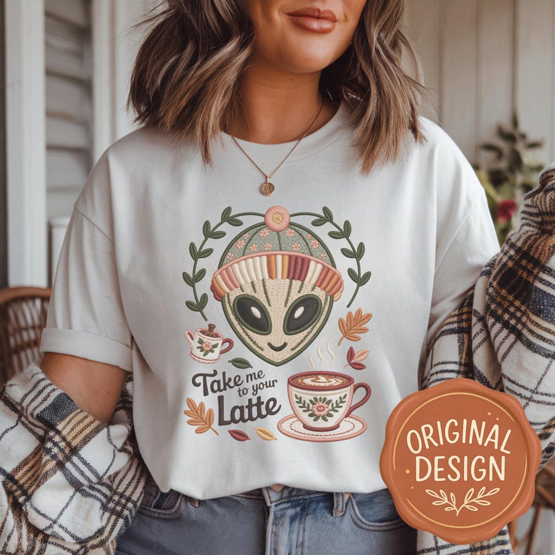 Take Me to Your Latte Alien Fall Coffee PNG Retro Applique Chenille ...
