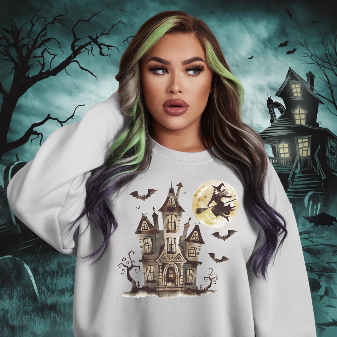 Haunted House Digital Design | Witch and Bats Halloween PNG | Spooky ...