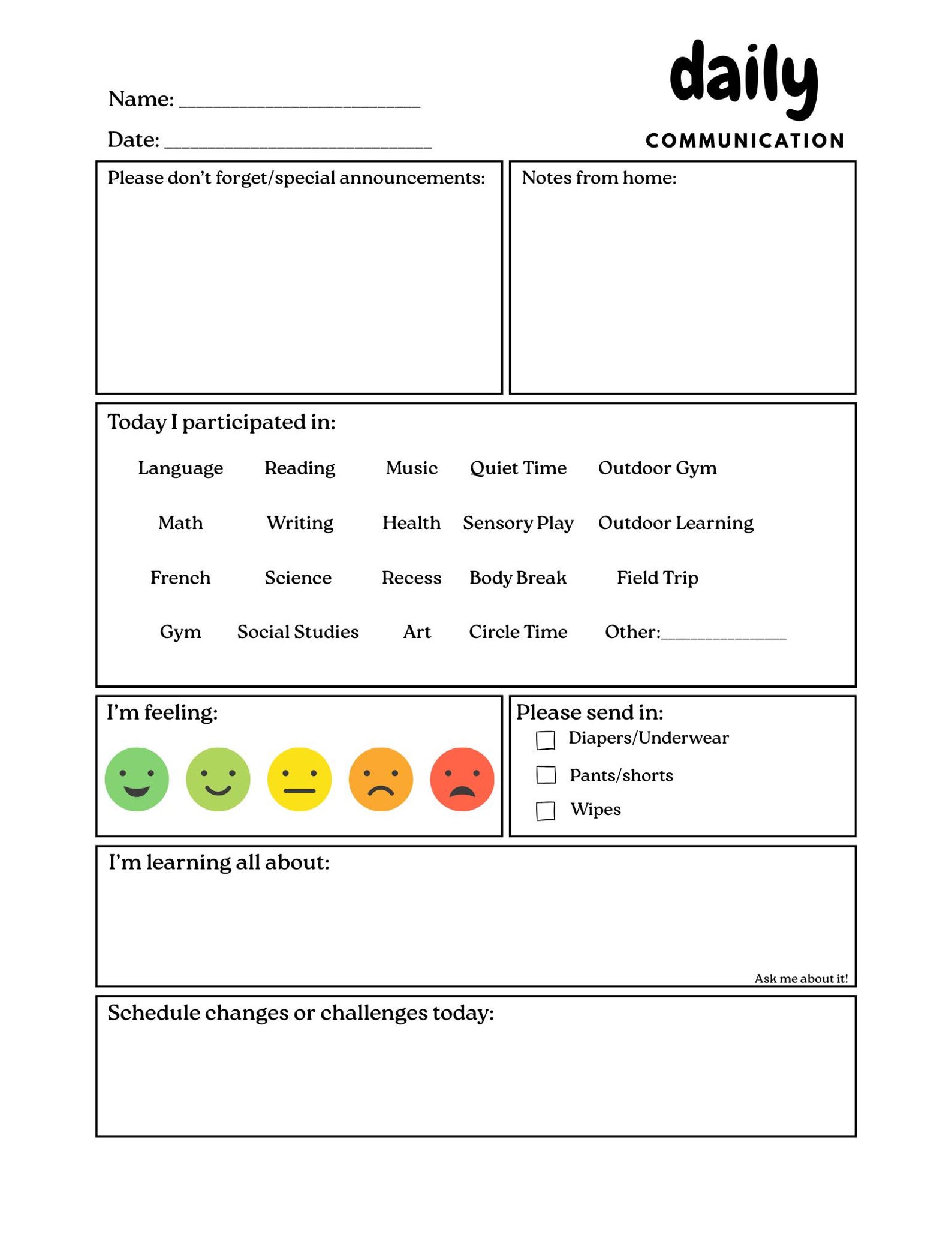 Daily Communication Sheets for Home and School (autism, Special ...