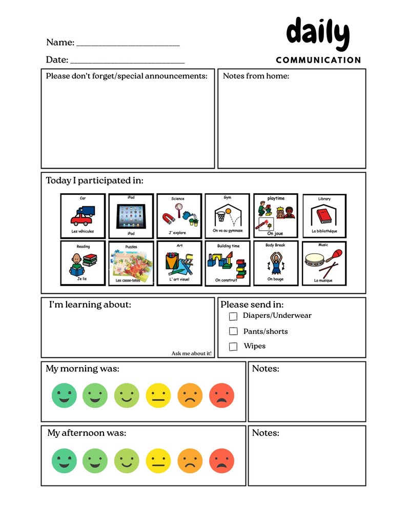 Daily Communication Sheets for Home and School- English and French ...