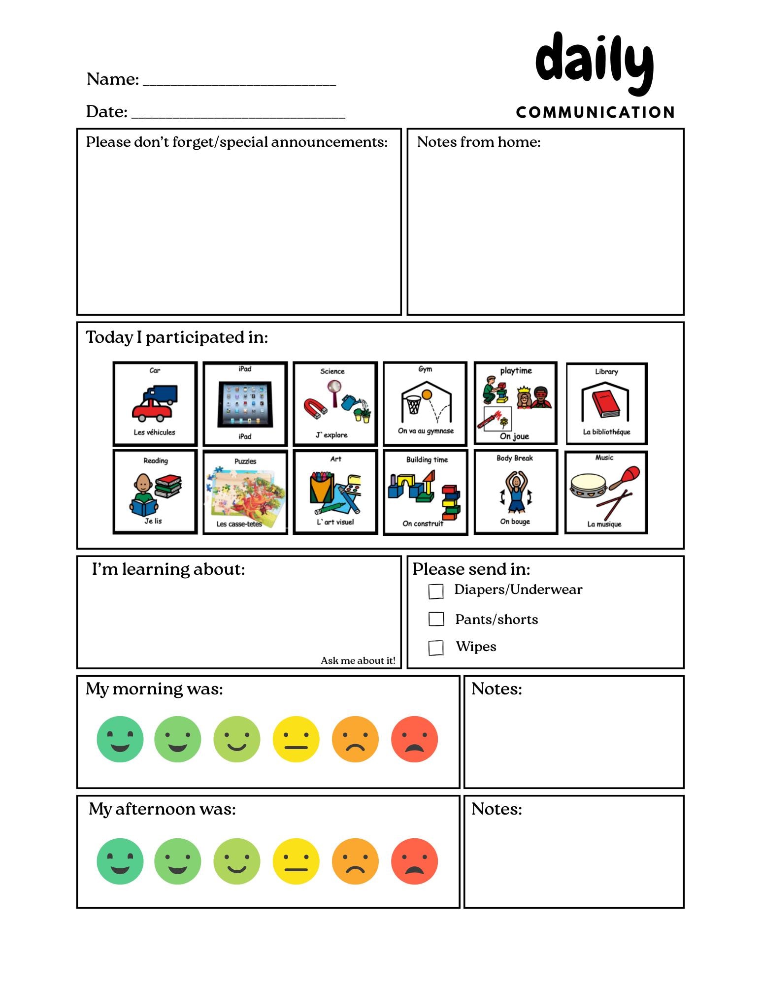 Daily Communication Sheets for Home and School (autism, Special ...