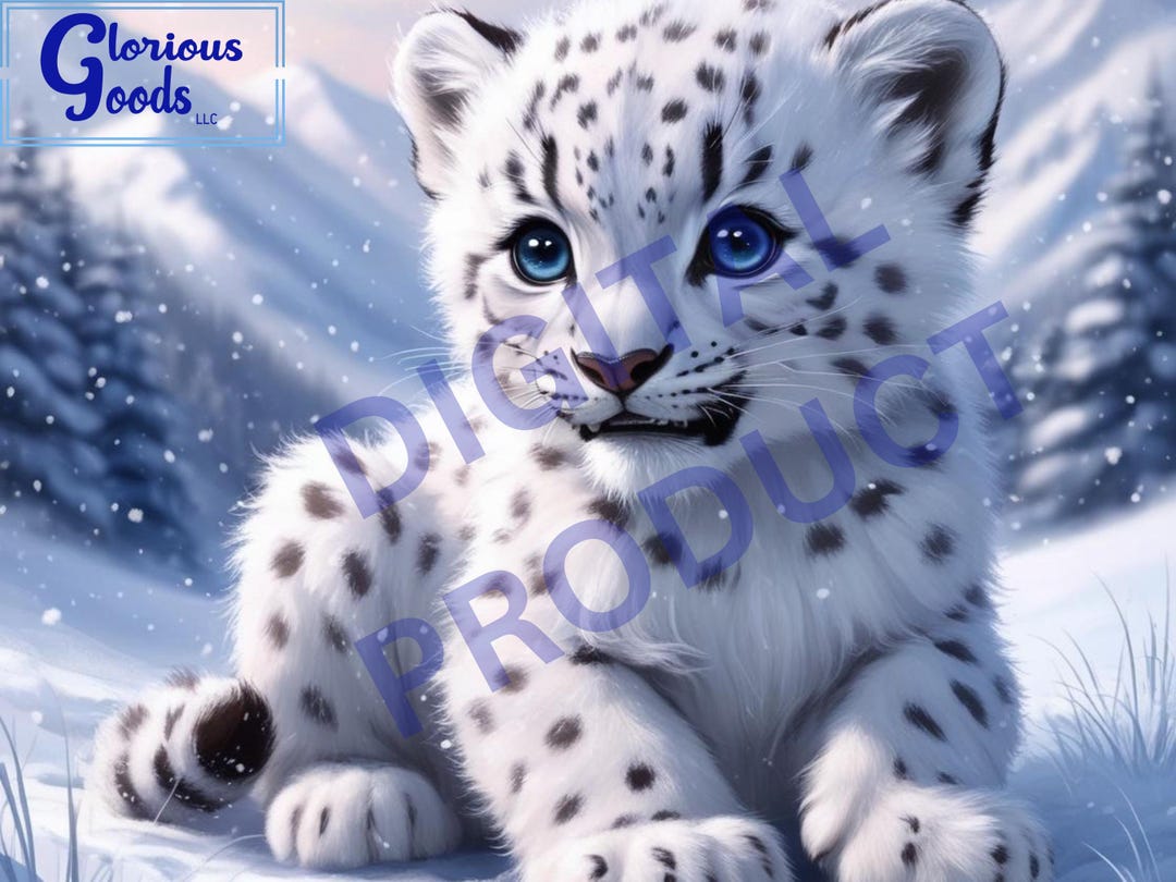 Adorable Snow Leopard Cub Digital Art Print, Winter Animal Decor ...
