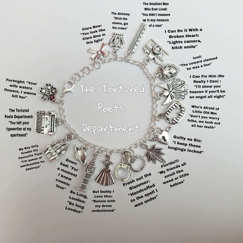 Handmade Taylor Swift Inspired Charm Bracelets sterling Silver Chain Themes: Eras Tour, TTPD ...