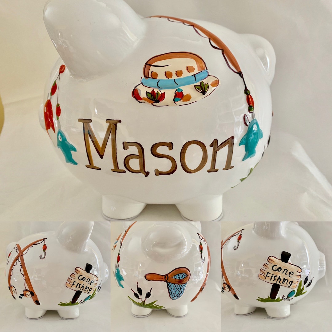 Personalized Large Piggy Bank Gone Fishing, Fishing Rod, Camping ...